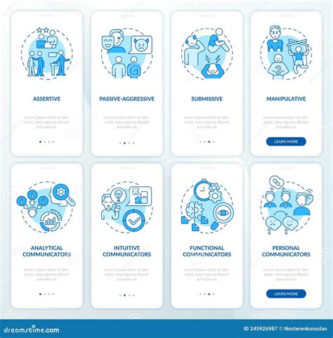 Types Of Communication Styles Blue Onboarding Mobile App Screen Set