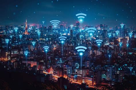 High Tech Cityscape With Glowing Wireless Network Icons Floating Above
