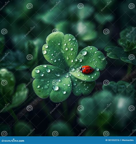 Green Shamrock Clover Leaves With Ladybug Close Up Natural Background