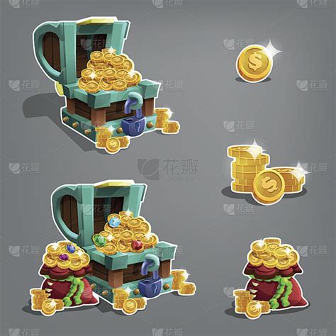一套金币在箱子和袋子。矢量插图。
