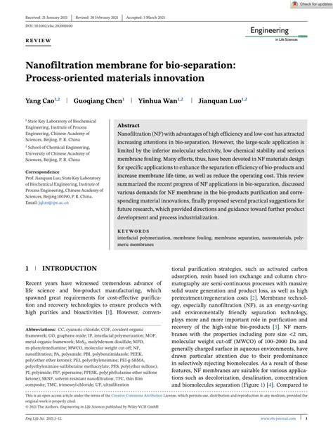 Pdf Nanofiltration Membrane For Bio Separation Process Oriented
