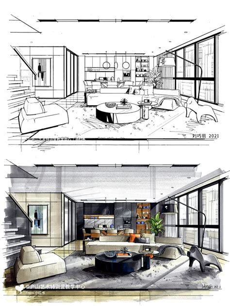 客厅空间手绘效果图，线稿 马克笔上色 1 七依手绘 来自小红书网页版 花瓣网