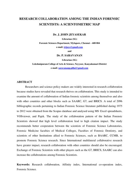 Pdf Research Collaboration Among The Indian Forensic Scientists A