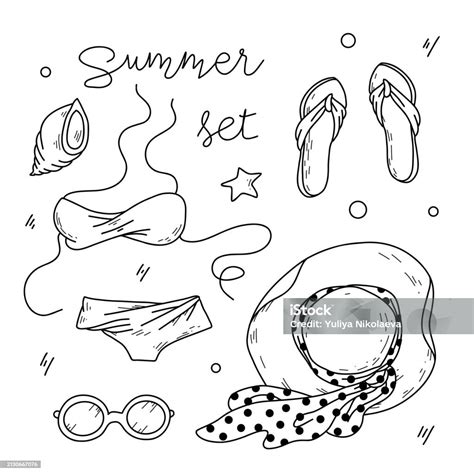 여름 아이템의 벡터 일러스트 레이 션입니다 모자 슬리퍼 수영복 0명에 대한 스톡 벡터 아트 및 기타 이미지 0명 가방