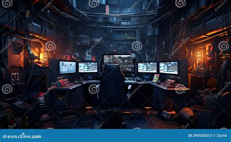 Messy And Dark Cyberpunk Hacker Hideout Room Neural Network Generated
