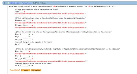 Solved An AC Source Operating At Hz With A Maximum Chegg Com