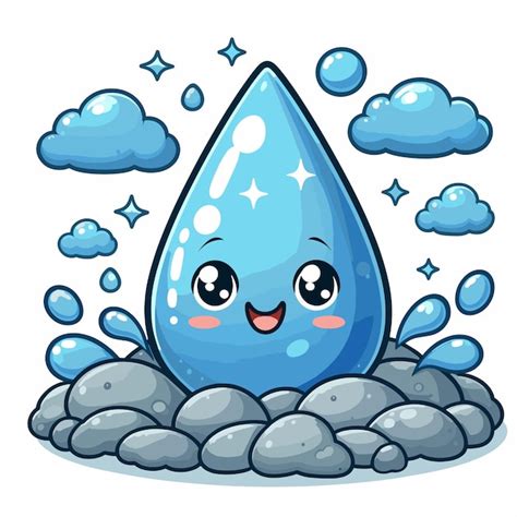 A Cartoonish Water Droplet Is Surrounded By Rocks And Clouds Premium