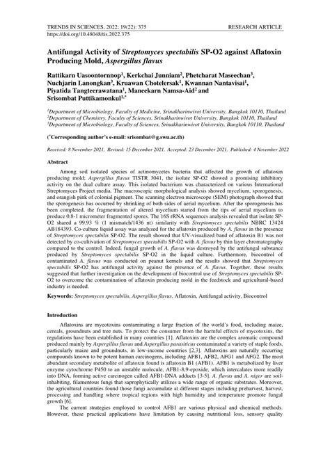 Pdf Antifungal Activity Of Streptomyces Spectabilis Sp O2 Against Aflatoxin Producing Mold