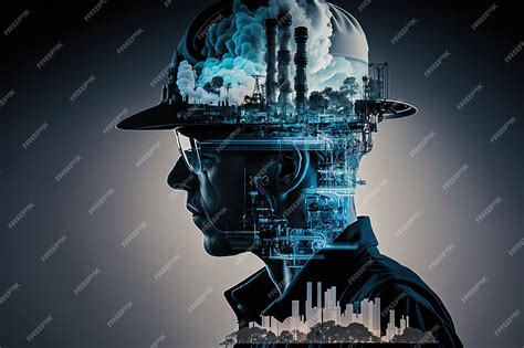 에너지 부문 및 미래 제조의 개념적 그래픽 디자인 이중 노출 아트워크를 통해 오일 가스 및 석유화학 정유 시설은 전력의 미래를 보여줍니다 Generative Ai