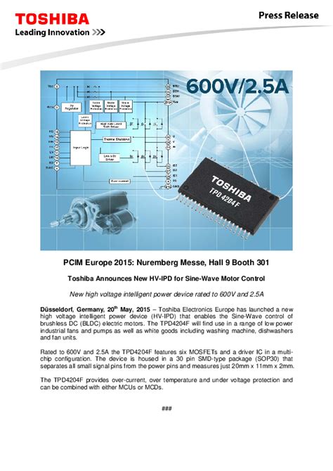Toshiba Tpd4204f Dc 300v Input Bldc Motor Sensorless Control Circuit