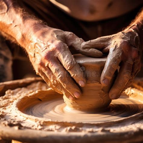 Detail Of The Hands Of A Potter Shaping A Piece Of Clay Stock