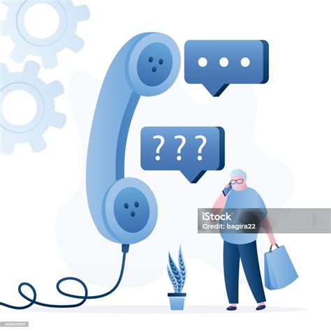 핫라인 할아버지 고객이 지원 서비스와 이야기합니다 말풍선이 있는 큰 빈티지 전화기 피드백 고객 서비스와 채팅하십시오 노인 고객은
