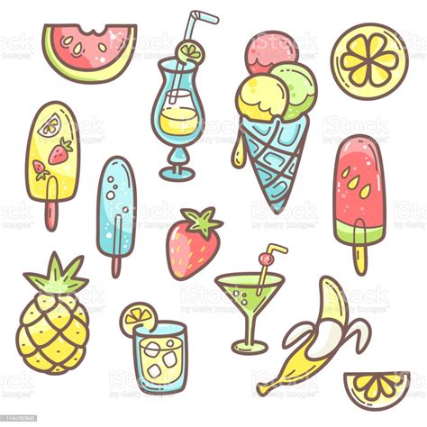 여름 달콤한 음식 아이스크림 과일과 칵테일의 귀 엽 다 귀여운 컬렉션입니다 감귤류 과일에 대한 스톡 벡터 아트 및 기타 이미지 감귤류 과일 개체 그룹 과일 Istock