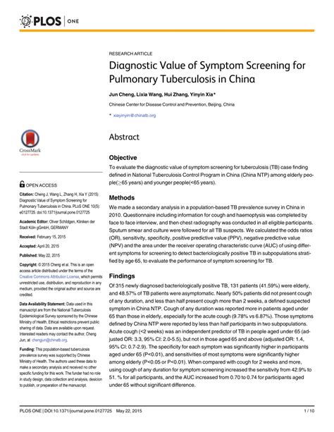 Pdf Diagnostic Value Of Symptom Screening For Pulmonary Tuberculosis In China