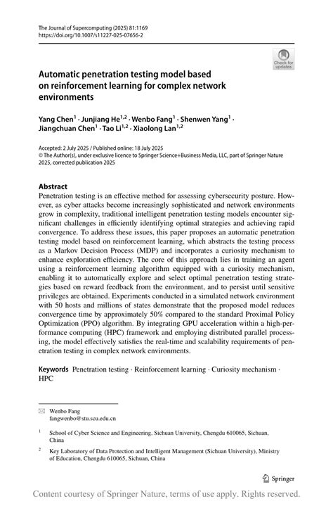 Automatic Penetration Testing Model Based On Reinforcement Learning For Complex Network Environments