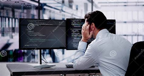 Unhappy Sad Developer Programmer Man In Stress Coding Software Stock