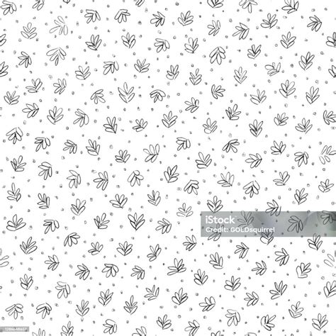 흰색 종이 배경에 부주의하게 흩어져있는 작은 손으로 그린 잎과 점으로 벡터 일러스트 독특한 모양의 고르지 못한 불규칙한 자연