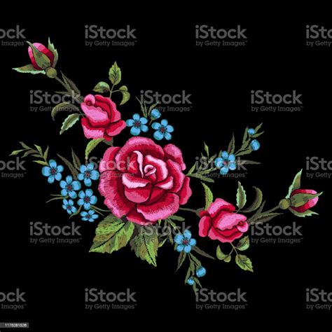 검은 배경에 빨간 장미와 파란색 꽃 자수 티셔츠 디자인 인사말 카드 요소 트렌드 플로럴 디자인 새로운 스티치 모방 벡터 0명에