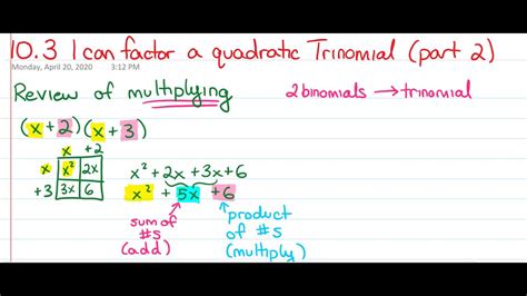 103 Factoring A Quadratic Trinomial Part 2 Youtube