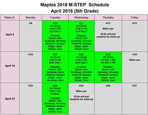 April M Step Schedule For 5th Graders Maples Elementary School