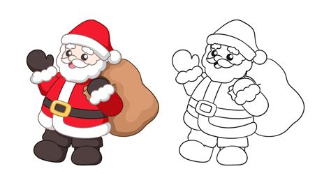 Santa Claus Waving And Holding A Sack Of Presents Cute Cartoon