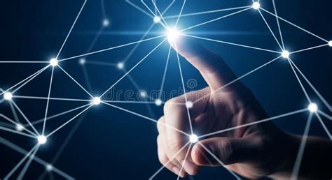 Finger Touching Glowing Network Nodes On Dark Blue Background Stock Illustration Illustration