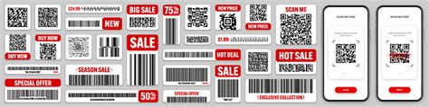 제품 바코드 및 Qr 코드 스마트 폰 응용 프로그램 스캐너 응용 프로그램 판매 스티커 할인 라벨 또는 프로모션 배지 일련 번호 제품 Id 상점 슈퍼마켓 스캔 라벨 벡터 그림