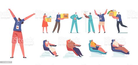 자원 봉사자와 기부자 세트 인도주의 원조와 기부 상자를 손에 든 사람들 남성과 여성 캐릭터 난민에 대한 스톡 벡터 아트 및 기타 이미지 Istock