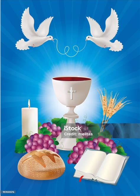 파란색 배경에 흰색 성배 빵 성경 포도 촛불 기독교 기호 개념 비둘기 곡초류에 대한 스톡 벡터 아트 및 기타 이미지 곡초류 교회 기독교 Istock