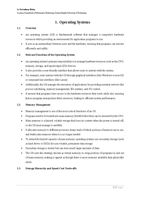 1 Introduction To Operating Systems Lecturer Department Of