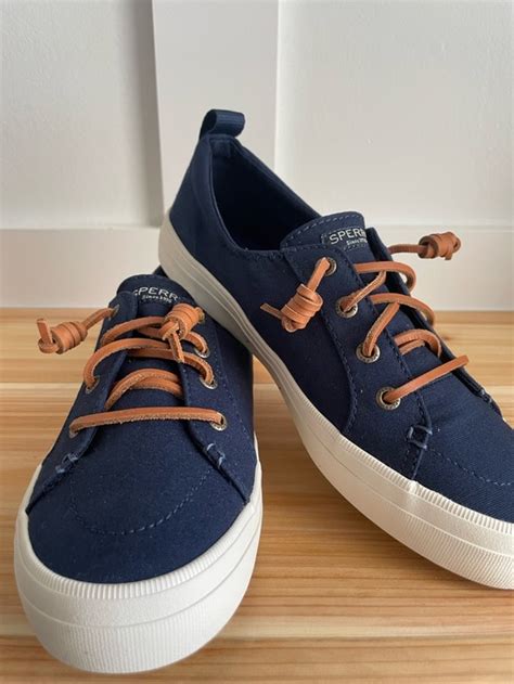 Sperry Shoes Sperry Navy Canvas Boat Shoes With Tan Leather Laces