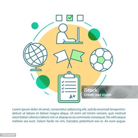 방과 후 프로그램 기사 페이지 벡터 템플릿입니다 어린이 엔터테인먼트 및 교육 브로셔 잡지 선형 아이콘과 텍스트소책자 디자인 요소 인쇄 디자인 컨셉 일러스트레이션 0명에 대한