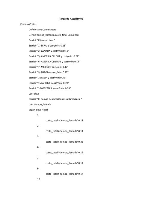 Tarea De Algoritmos S Owo Tarea De Algoritmos Proceso Costos Definir Clave Como Entero