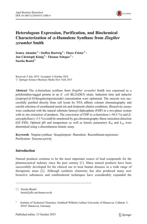 Pdf Heterologous Expression Purification And Biochemical Characterization Of α Humulene