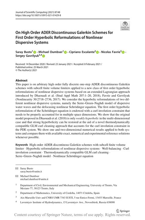Pdf On High Order Ader Discontinuous Galerkin Schemes For First Order Hyperbolic