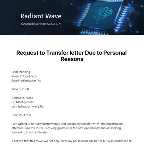 Free Request To Transfer Letter Due To Personal Reasons Template To