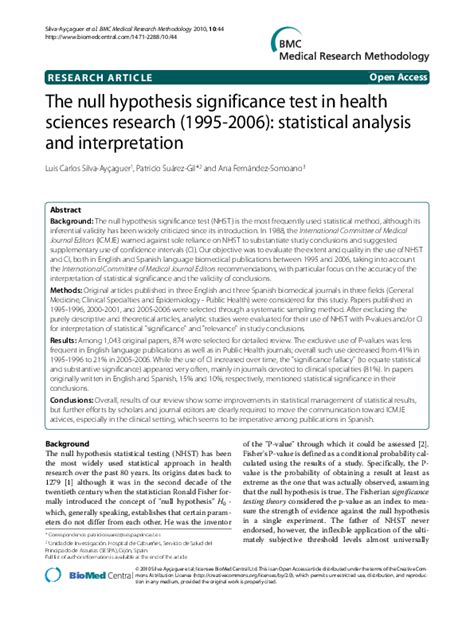 Pdf The Null Hypothesis Significance Test In Health Sciences Research 1995 2006 Statistical