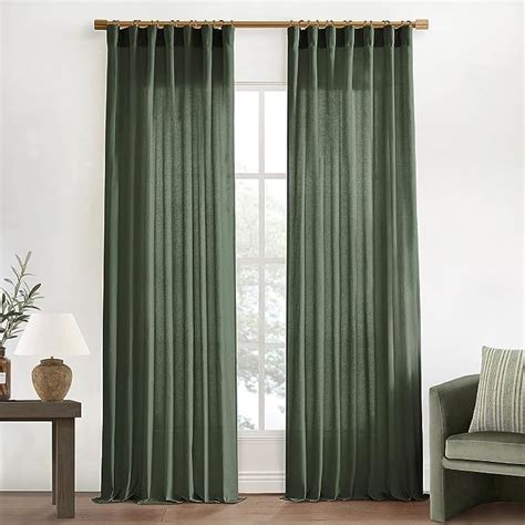 Xtmyi Olive Green Linen Boho Curtains For Living Room 84 Inch Length 2 Panels Set Back Tab Hooks