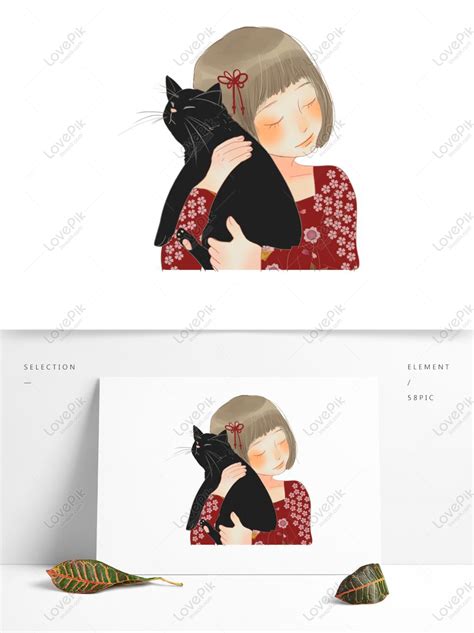 검은 고양이 사랑의 만화 소녀를 포용 일러스트 Png 및 벡터 이미지 무료 다운로드 Lovepik