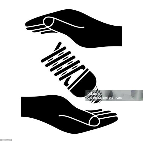 에너지 절약 형광전 전구 아이콘 에너지 개념을 저장합니다 아이디어의 상징으로 두 인간의 손 사이의 전구 창조적 인 문제 해결 손에 전기 램프 Led 조명에 대한 스톡 벡터