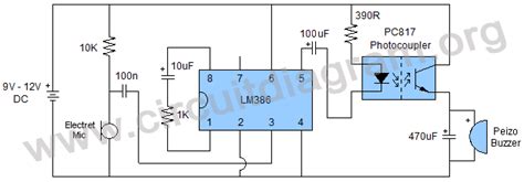 Sound Activated Alarm Using LM386 Audio Amplifier IC Circuit Diagram