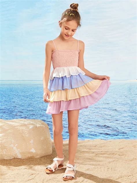 Shein Girls Shirred Bodice Colorblock Layered Slip Dress Artofit