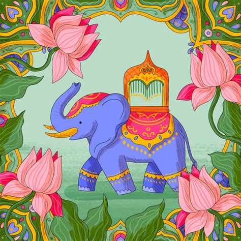 Decorated Elephant With Lotus Flowers Premium Vector