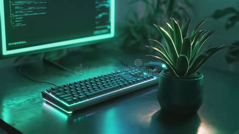 Programmer Desk Setup With Plant Keyboard And Monitor Showing Code In