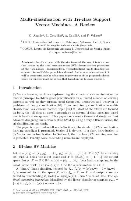 Pdf Multi Classification With Tri Class Support Vector Machines A Review