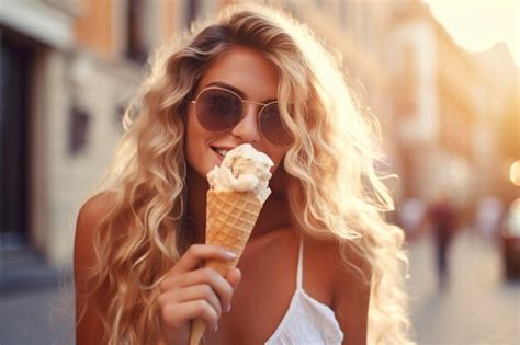 Premium Photo Young White American Model Holding An Ice Cream Posing