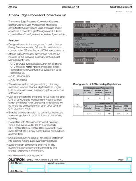 Athena Edge Processor Upgrade Kit Spec 3691146 Lutron Quantum Light