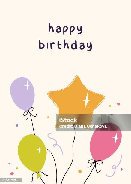 풍선과 색종이 조각이 있는 생일 축하 카드 서예와 인사말 카드 심플한 스타일의 귀엽고 우아한 벡터 일러스트 레이 션 템플릿