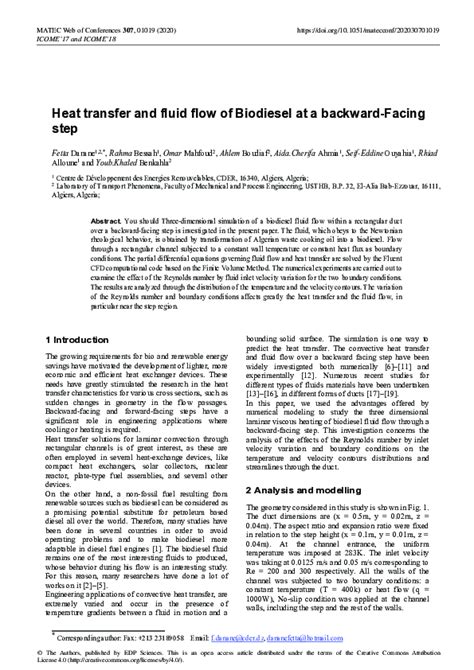 Pdf Heat Transfer And Fluid Flow Of Biodiesel At A Backward Facing Step Youb Khaled Benkahla