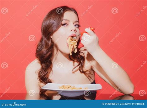Spaghetti Italian Cuisine Girl Eating Pasta Food And Menu Italia